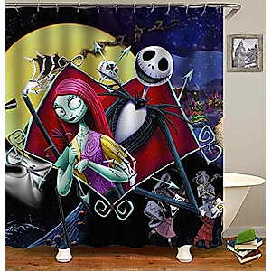 LAYINUSG 4Pcs Nightmare Before Christmas Shower Curtain Set with Non-Slip Rugs, Toilet Lid Cover and Bath Mat, Halloween Xmas Winter Holiday Bathroom Decor Sets with 12 Hooks 72 x 72 Inches