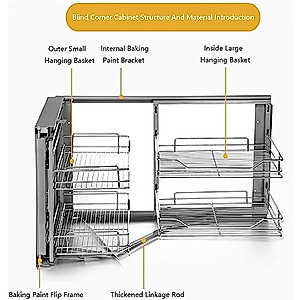 YEKIM Stainless Steel Shelving, Blind Corner Cabinet Pull Out 15" Opening, 2 4 Tier Baskets Concealed Roller Slide Out Shelf, Corner Basket Drawer,Right