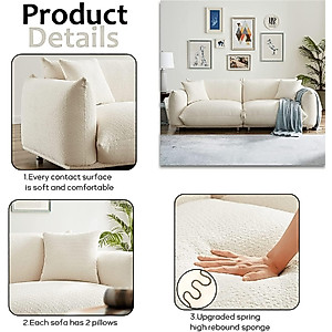Hison Lambswool 2 Seat Cushion Couch 87'' Comfy Couch for Living Room Lambswool Sofa with 2 Pillows (White)