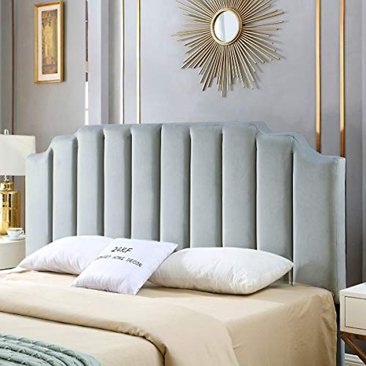 24KF Velvet Upholstered Tufted King headboard with Vertical Channel Design King/California King headboard-Gray