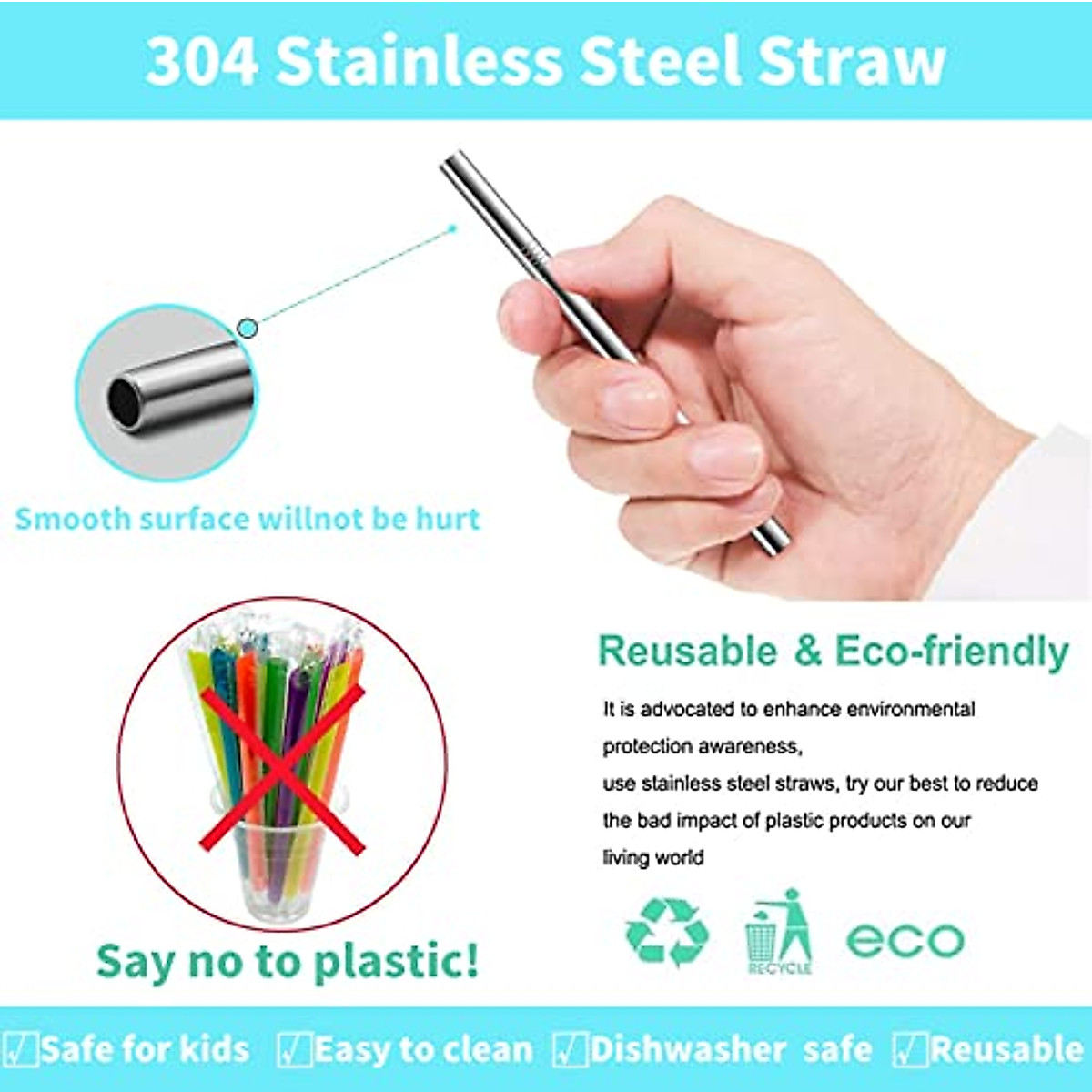 Stainless Steel Straw 10.5'' Long and 0.31" wide Straw, 5 Pack Metal Straw with 1 Reusable Straw Brush Cleaner for Milkshake, Replacement for Starbucks straw (Sliver)