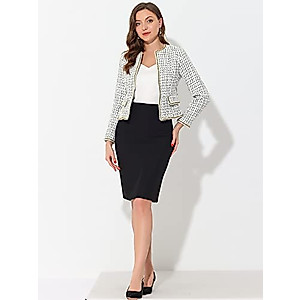 Allegra K Women's Plaid Tweed Blazer Long Sleeve Open Front Work Office Short Jacket Medium White