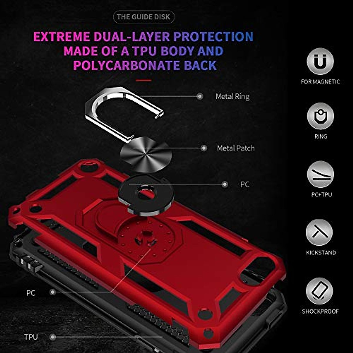 ULAK Compatible with iPod Touch 7 Case/iPod Touch 6 Case with 2 HD Screen Protectors, Hybrid Rugged Shockproof Cover with Built-in Kickstand for iPod Touch 7th/6th/5th Generation (Red)