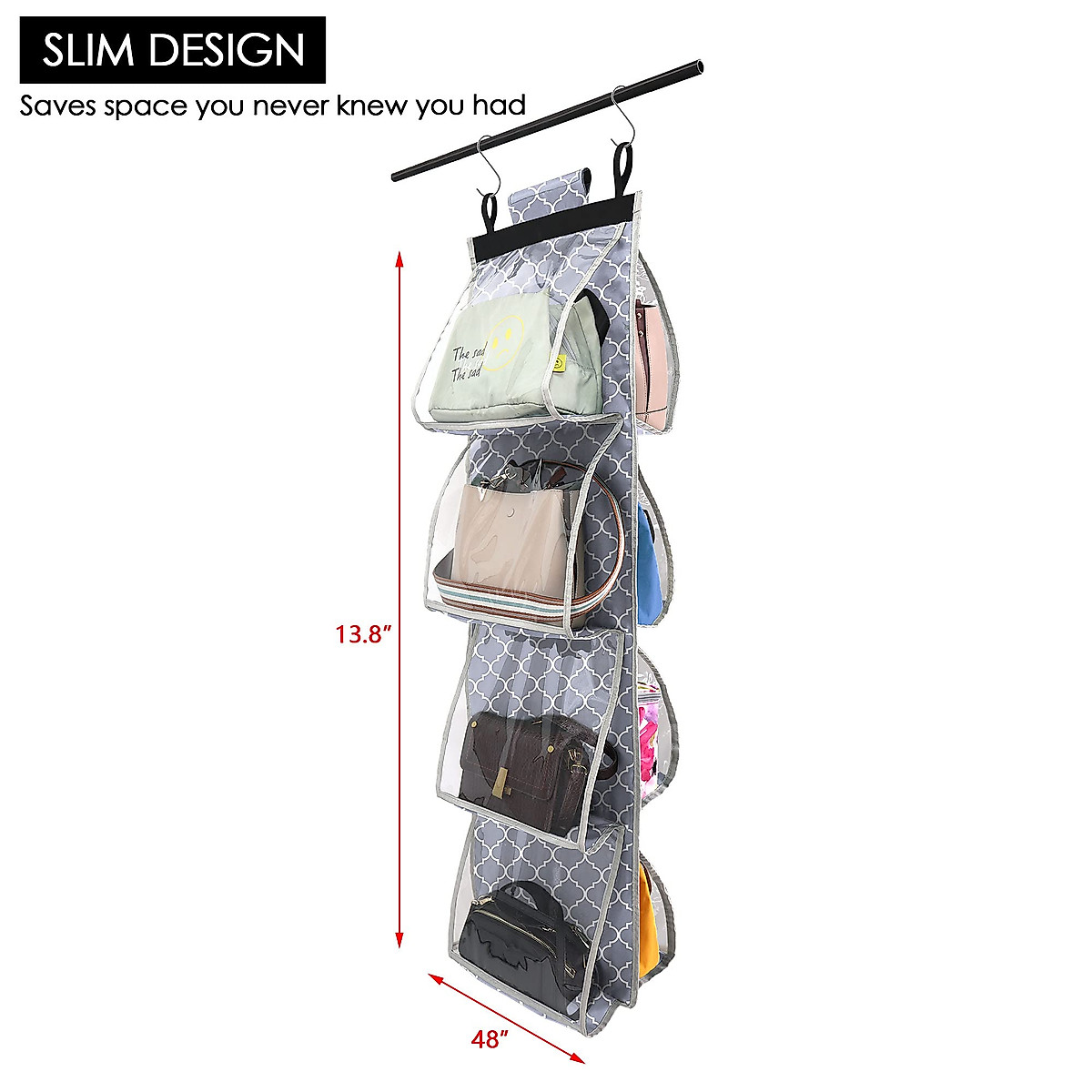 BeeGreen Purse Organizer for Cloest Handbag Storage Bag Hanging Purse Holder with 8 Clear Pockets & 2 Swivel Hooks, Grey with White, 16" x 10" x1.3" for Women
