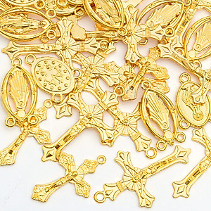 Aylifu 40pcs Golden Rosary Cross Charms and Center Miraculous Medal with Maria Crucifix Cross Pendants and Oval Chandelier Links for Easter Holidays Rosary Jewelry Making, 4 Styles