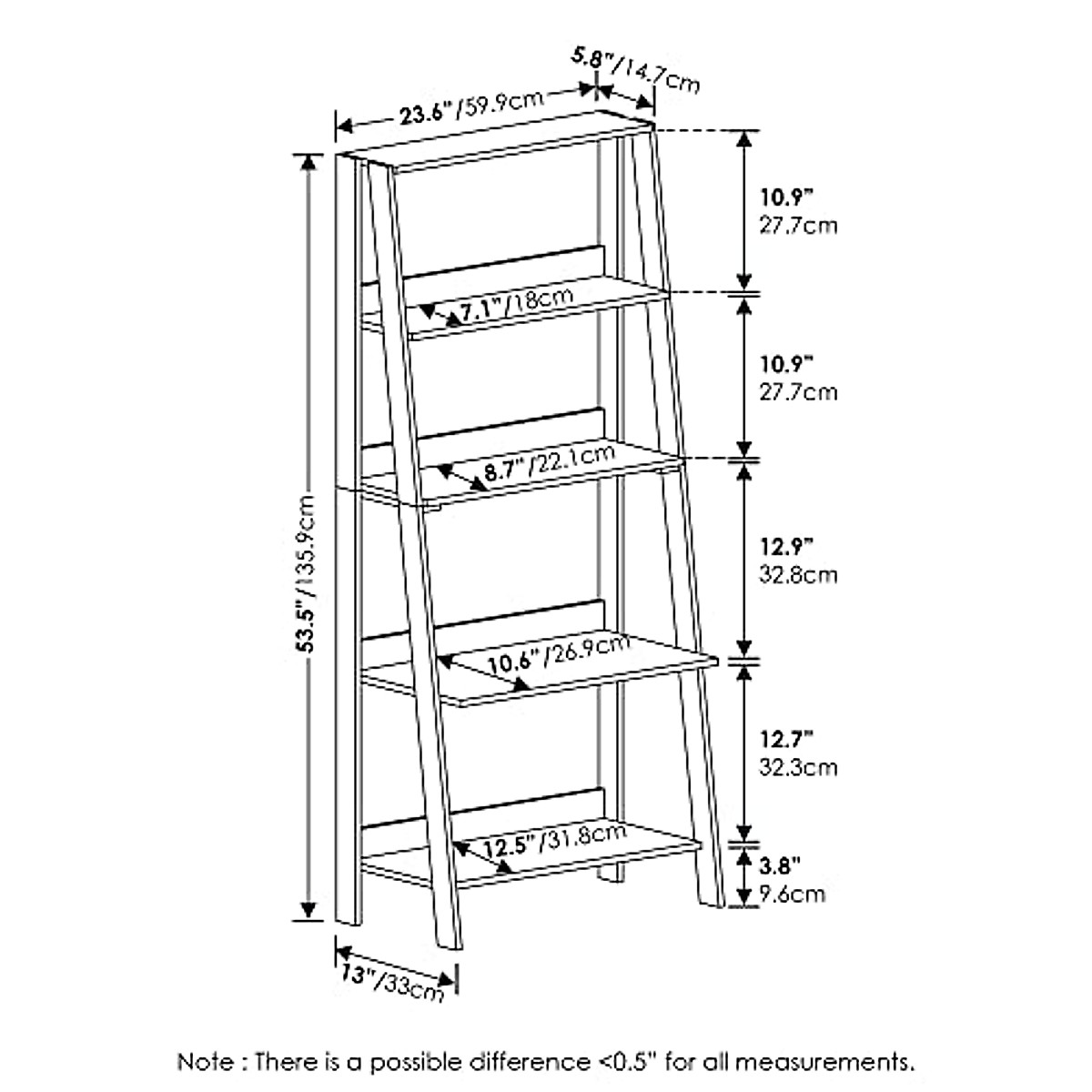 Furinno Ladder Bookcase Display Shelf, 5-Tier, Espresso