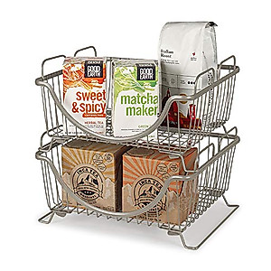 Spectrum Diversified Ashley Stackable Tray, Wire Basket with Raised Feet and Looped Handles Modular Stacking Bin System for Kitchen Countertop & Desk Organization, Satin Nickel