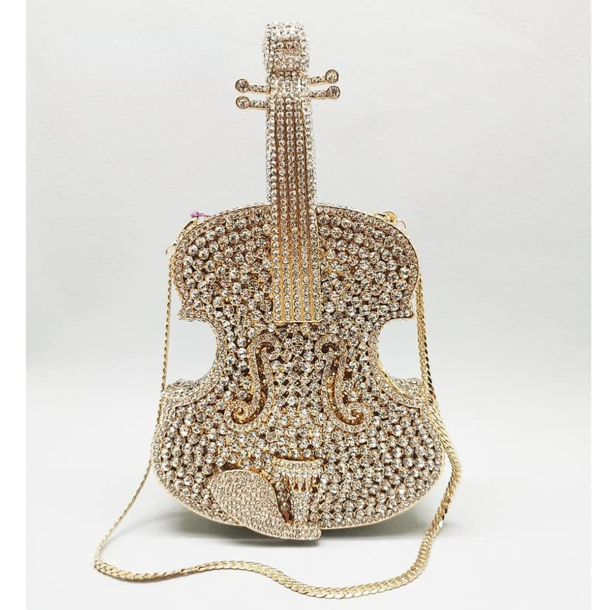 Luxury Glitter Clutch Purse Guitar Crystal Bling Evening Bags for Women Shining Shoulder Bags Crossbody Bags (Light Golden)