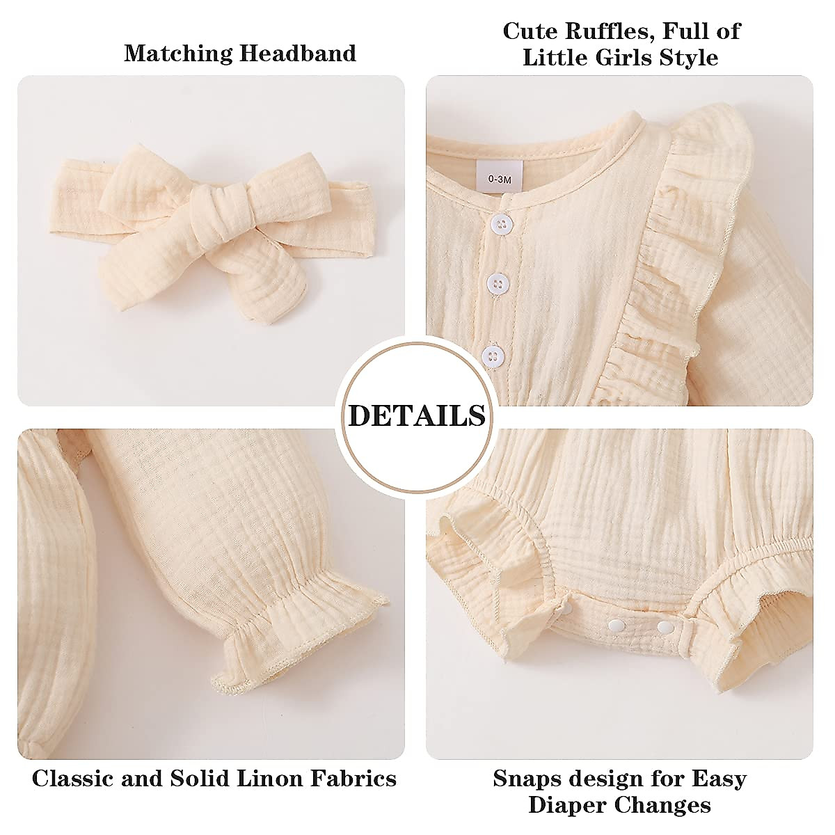 Renotemy Infant Baby Girls Romper Fall Winter Jumpsuit Girl Long Sleeve Rompers Baby Girl Clothes 0-3 Months Beige