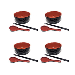 ROVATTA Ramen Noodle Soup Bowl Set- 12Pcs (4 SETS) 48 Oz Japanese Melamine Ramen (4) Spoons & (4) Chopstick Sets, Dishwasher Safe, Restaurant Quality Ideal For Ramen, Pho, Noodles & All Asian Cuisine