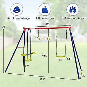 OLAKIDS Swing Sets for Backyard, Outdoor 3 in 1 A-Frame Heavy Duty Metal Stand for Kids and Adults, 440LBS Playground Activity Playset with Swing Seat, Glider, Trapeze Rings for Toddlers