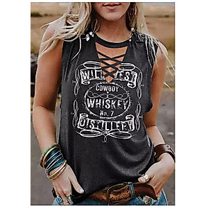 Cowboy Whiskey Criss-Cross Hollow Out Tank Tops Womens Summer Sexy Deep V Neck Tank Casual Loose-Fit Sleeveless T Shirts(Dark Grey-02,2X-Large)