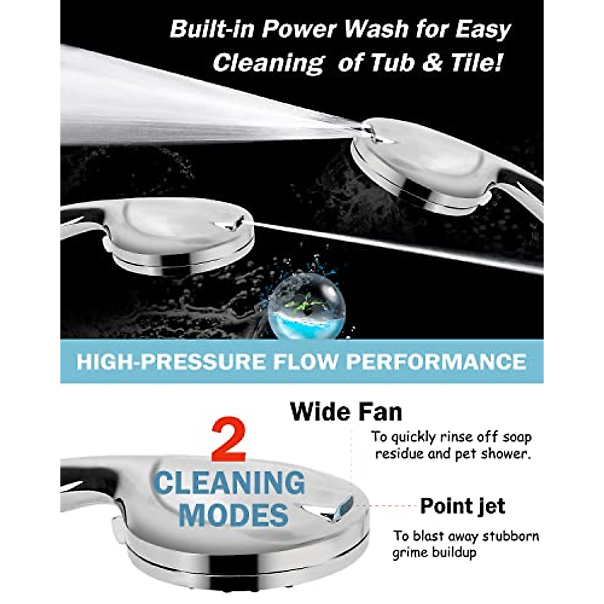 NIKISHAP 10-Mode Shower Head with High Pressure, Polished Finish, Handheld Design, Adjustable Bracket, 5 Ft Hose, and Built-in Power Wash to Clean Tub, Tile, and Pets