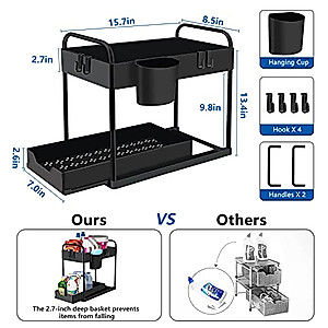 Under Sink Organizer, Sliding Cabinet Basket Organizer 2 Tier Under Bathroom Organizer with Hooks, Hanging Cup, Multi-purpose Under Sink Organization and Storage for Bathroom Kitchen