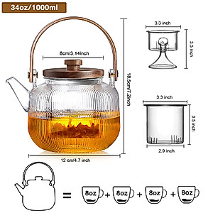 1000ml(33.8oz) Glass Teapot Kettle with 2 Type Removable Infuser and Wooden Lid, Borosilicate Glass Tea Pot Gas & Electric Stovetop Safe, Tea Maker for Loose Leaf & Blooming Tea, 2 Way for Boiling Tea