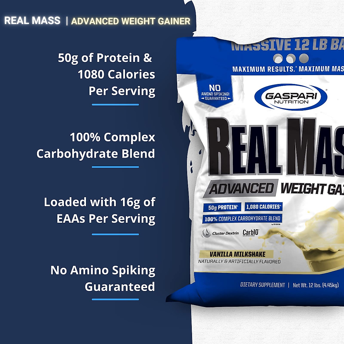 Gaspari Nutrition Real Mass, Advanced Weight Gainer, High Protein, Gycofuse Carbs, and Creatine Monohydrate, Modern Formulation for Mass (12 Pounds, Vanilla Milkshake)
