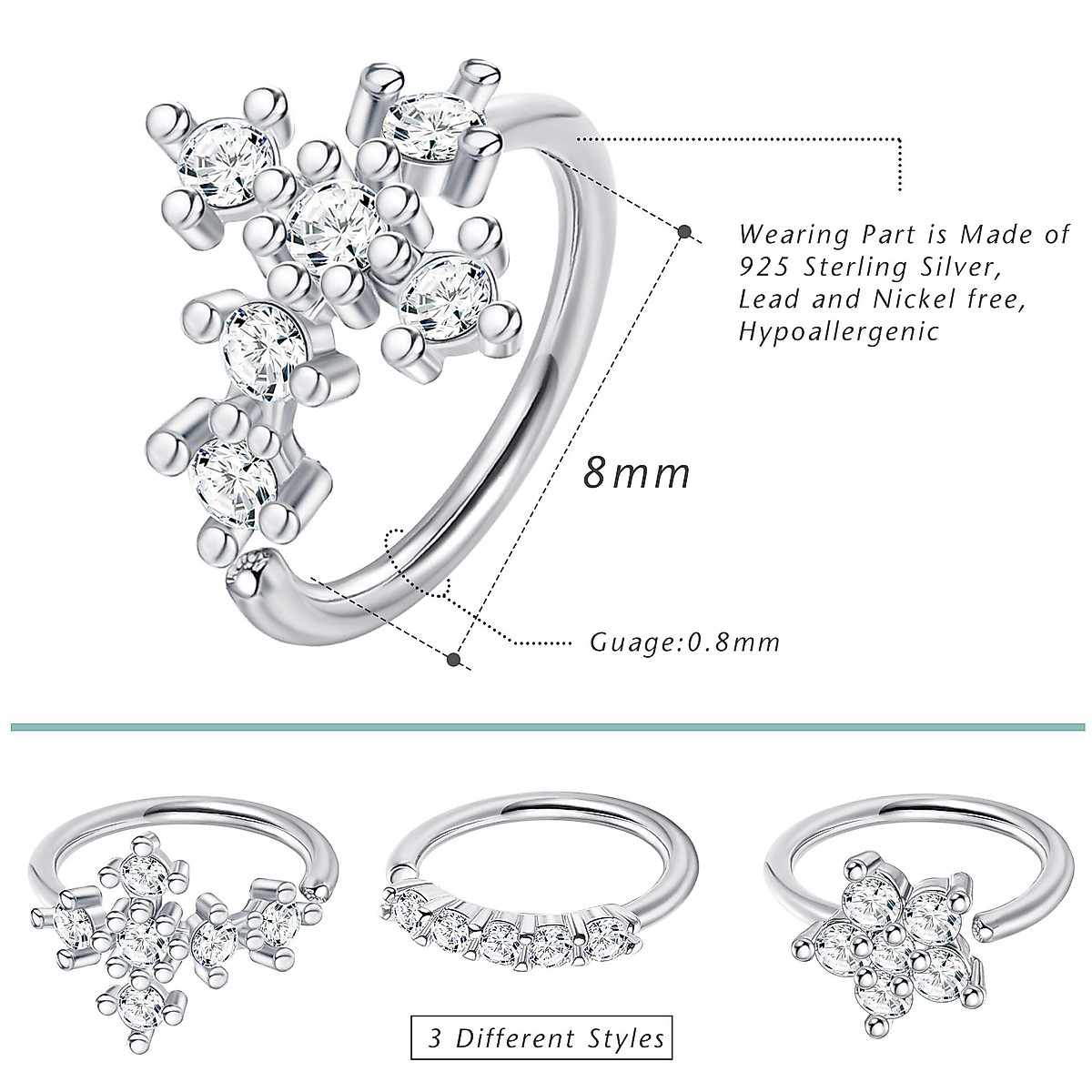 Drperfect 3 Pcs 925 Sterling Silver Pin Nose Ring Hoop, 20G Cubic Zirconia Cute Nose Ring Gold Silver Plated Cartilage Earrings Nose Piercing Jewelry for Women