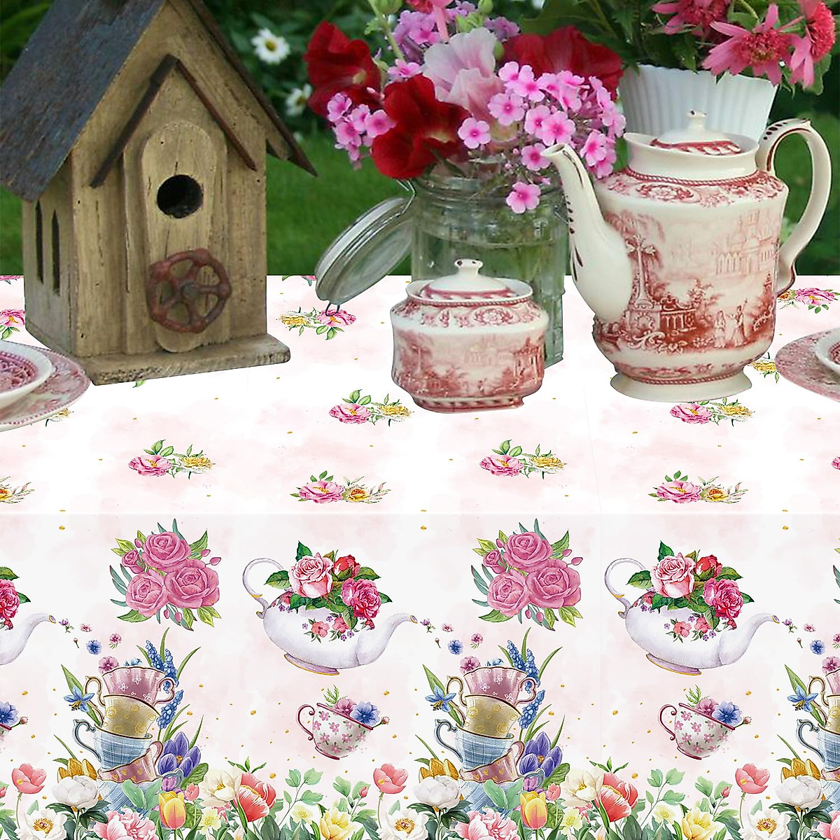 4 Pack Tea Party Decoration Floral Tea Party Tablecloth Tea Party Birthday Supplies 86” x 51” Rectangle Plastic Spring Disposable Floral tea party Table Cover Baby Shower Floral Birthday Decorations