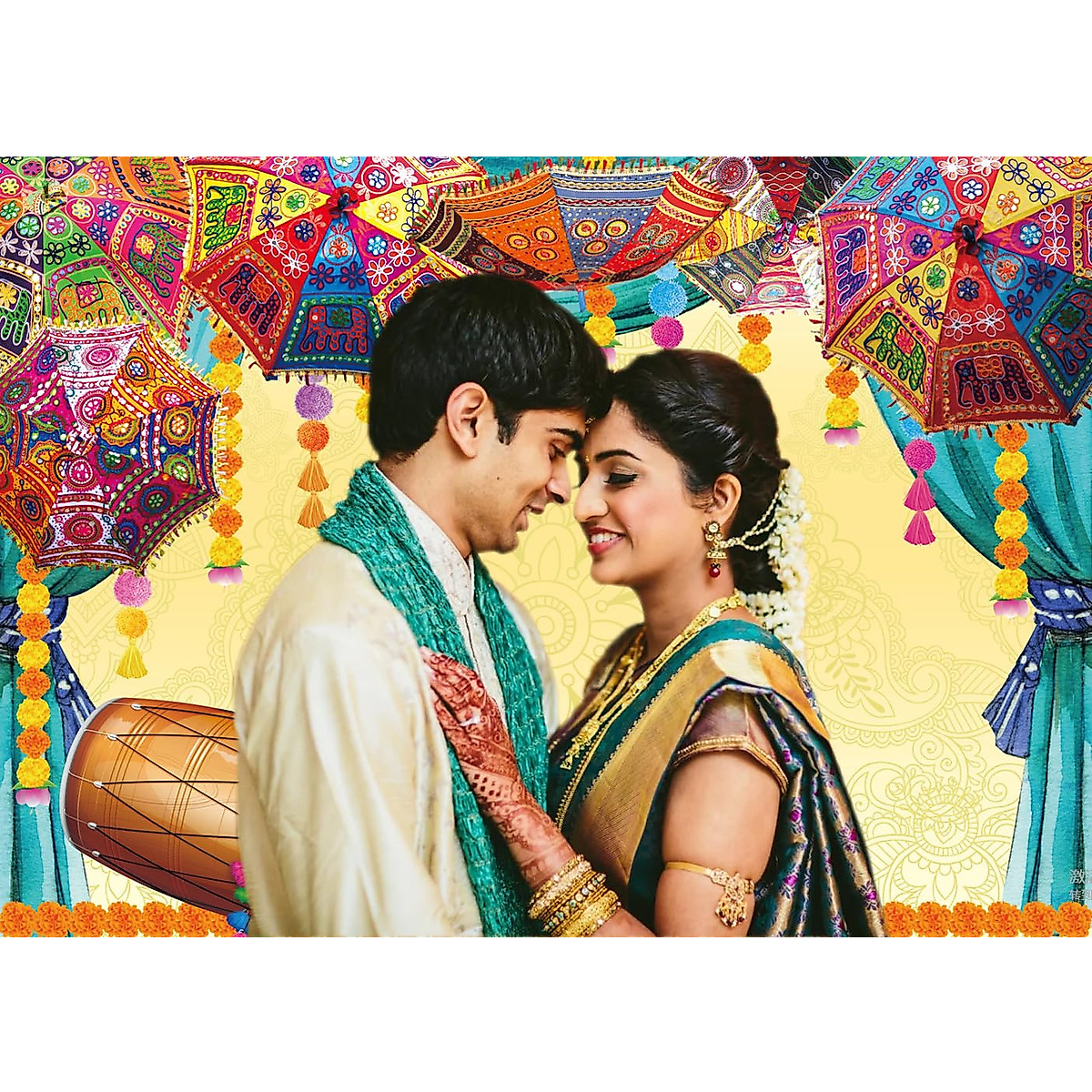 Indian Traditional Wedding Backdrop Orange Flower Marigold Marriage Traditional Festival Photography Background Hindu Curtain Bridal Shower Party Decorations Banner 7x5FT