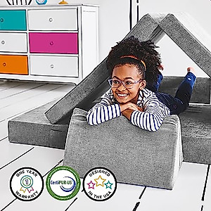 Yourigami Kids and Toddler Play Couch, Convertible Folding Sofa, Durable Foam Modular Design, Mountain Gray