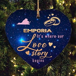 Emporia Virginia Ornament - Emporia Virginia It's Where Our Love Story Begins - Gifts for Wedding Anniversaries and Love Days, Valentines Ornament Heart 3 Inch Plastic
