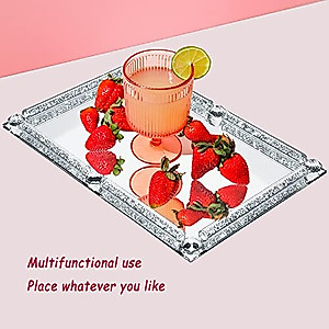 HMRCYTE Crystal Glass Mirror Tray, 11.8" x 7.9" Crushed Diamond Silver Perfume Makeup Display Tray, Noble Jewelry Trinket Vanity Tray, Ornate Rectangular Cosmetics Dresser Tray for Home Decor