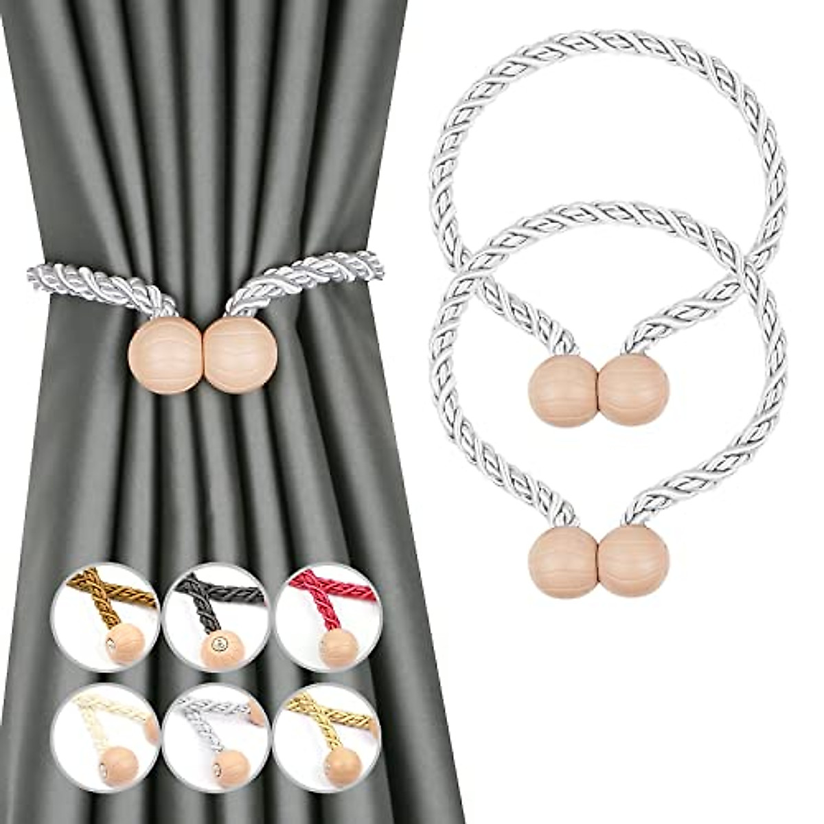 Fenghuangwu 2 Pack Magnetic Curtain Tiebacks for Drapes,Outdoor Elegant Decorative Tie Backs Weave Holdbacks for Blackout Sheer Window Treatment, Upgrade (Silver, Ball)