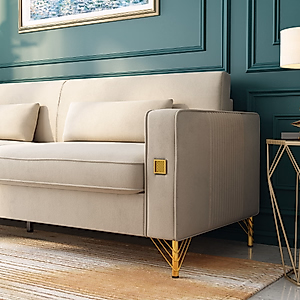 ANTTYBALE 85.63" Velvet Sofa,Modern Loveseat Couch with Pillows Set of 2 for Living Room,Bedroom,Apartment Furniture with Gold Metal Legs (Beige)