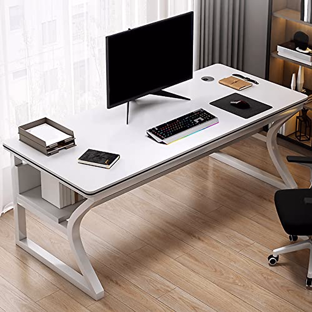 LITFAD Modern Office Desk Simple Computer Desk Wood Top Metal Frame Home Office Study Desk with Storage Shelf - 55.1" L x 23.6" W x 29.5" H White Without Chairs