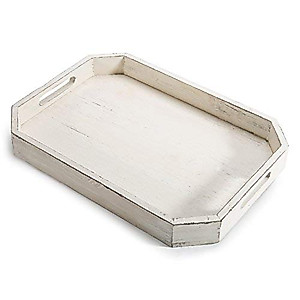 MyGift Whitewashed Wood Serving Tray with Handles and Angles Edges, Farmhouse Coffee Table Decorative Tray