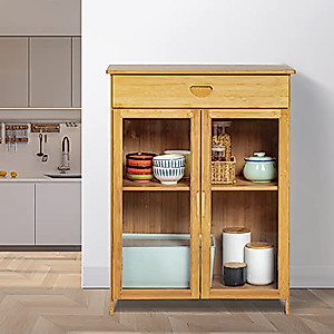 MoNiBloom 4 Tier Bamboo Sideboard Cupboard Kitchen Floor Standing Storage Cabinet with Visible Doors and a Drawer for Toaster Coffee Pot Small Appliances, Natural