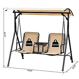 GXP Steel Outdoor Porch Swing Chair Patio Bench w/Storage Canopy, 2 Person Beige