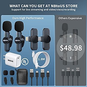 NBtoUS Wireless Lavalier Microphone for iPhone iPad Android (2 Mics and 2 Receivers) 65FT 6H Working Time，Plug-Play Low Latency Wireless Microphones for Video TikTok (20W PD3.0 Fast Charger）
