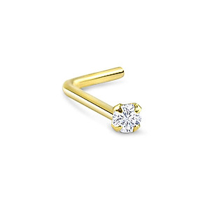 14k Yellow Gold L Bend Nose Stud Ring 2.5mm Clear Round CZ 20G