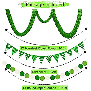 Green Party Decorations - Green Hanging Triangle Flags Banner Round Garland Four-Leaf Clover Garland Paper Fans Balloons for Men Women Birthday St Patrick's Day Decorations Graduation Baby Shower