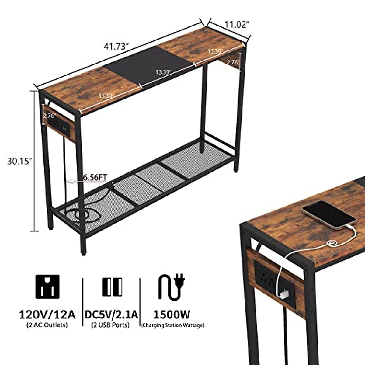 IRCPEN Console Table with Outlet & 2 USB Ports, 42" Wood Entryway Table with Shelves Storge, Farmhouse Sofa Behind Couch Table with Charging Station for Living Room, Hallway, Foyer, Corridor
