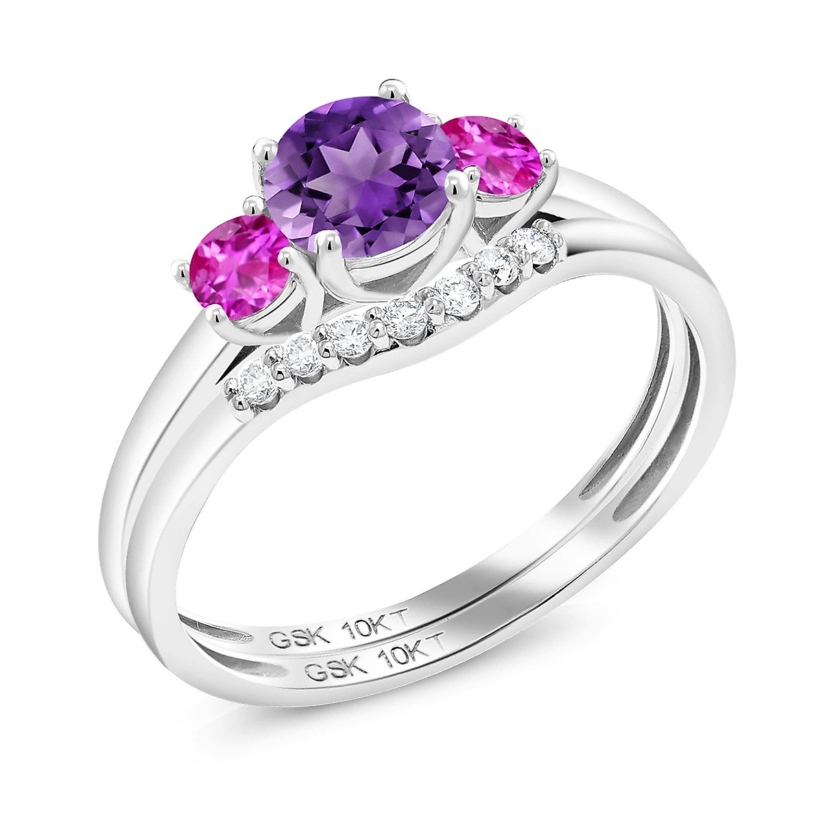 10K White Gold Purple Amethyst and Pink Sapphire and White Lab Grown Diamond 3-Stone Bridal Engagement Wedding Ring Set For Women (0.78 Cttw, Gemstone February Birthstone, Round 5MM, Size 9)