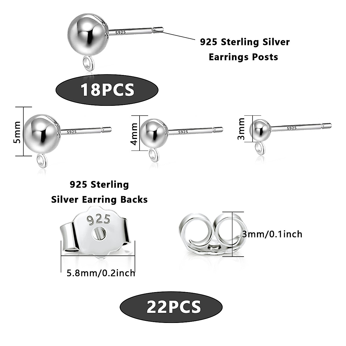Post Earrings for Jewelry Making 18 Pcs Ball(3/4/5mm) Post Earring Stud with Closed Loop 22 Pcs Butterfly Earrings Replacements for DIY Jewelry Making Findings