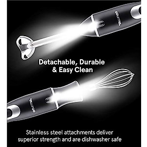 Gourmia GHB2360 12 Speed Illuminating Immersion Hand Blender with Turbo Mode - Comfortable Ergonomic Handle - Whisk Attachment Included - Integrated LED Spotlight - 300 Watt Motor - Black