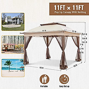 INTER HUT 11x11 Outdoor Pop up Gazebo Tent with Mesh Walls for Patio, Lawn, Backyard and Deck, Beige