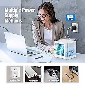 OCROUKI Portable Air Conditioners, Mini Air Conditioner with LED Night Light, Evaporative Air Cooler with 800ML Water Tank, USB Powered Air Cooling Fan for Car, Office, Home and Camping