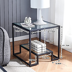 Black Metal Glass Coffee Table - Simple End Table for Living Room Home, Minimalist Metal Style Coffee Table with 2 Shelves, 21 inch Small Modern Side Table for Bedroom, Dinning Room,Office