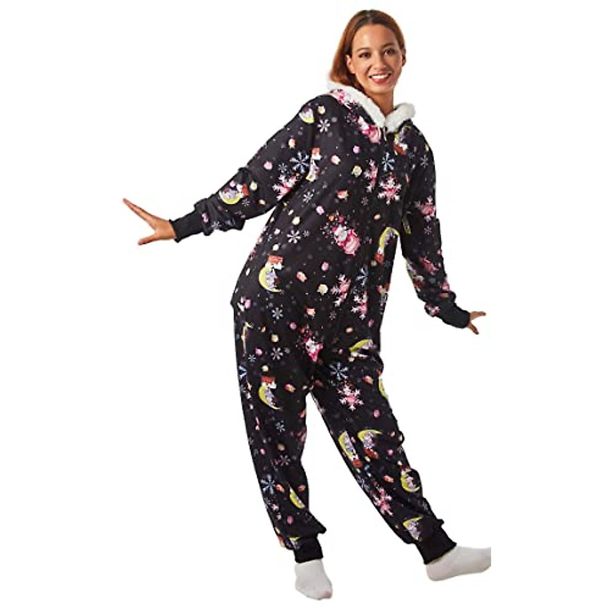 haikyuu Women Adult Christmas Onesie Pajama Long Sleeve Hooded Kigurumi Homewear Costume Outfits (large, Santa black)