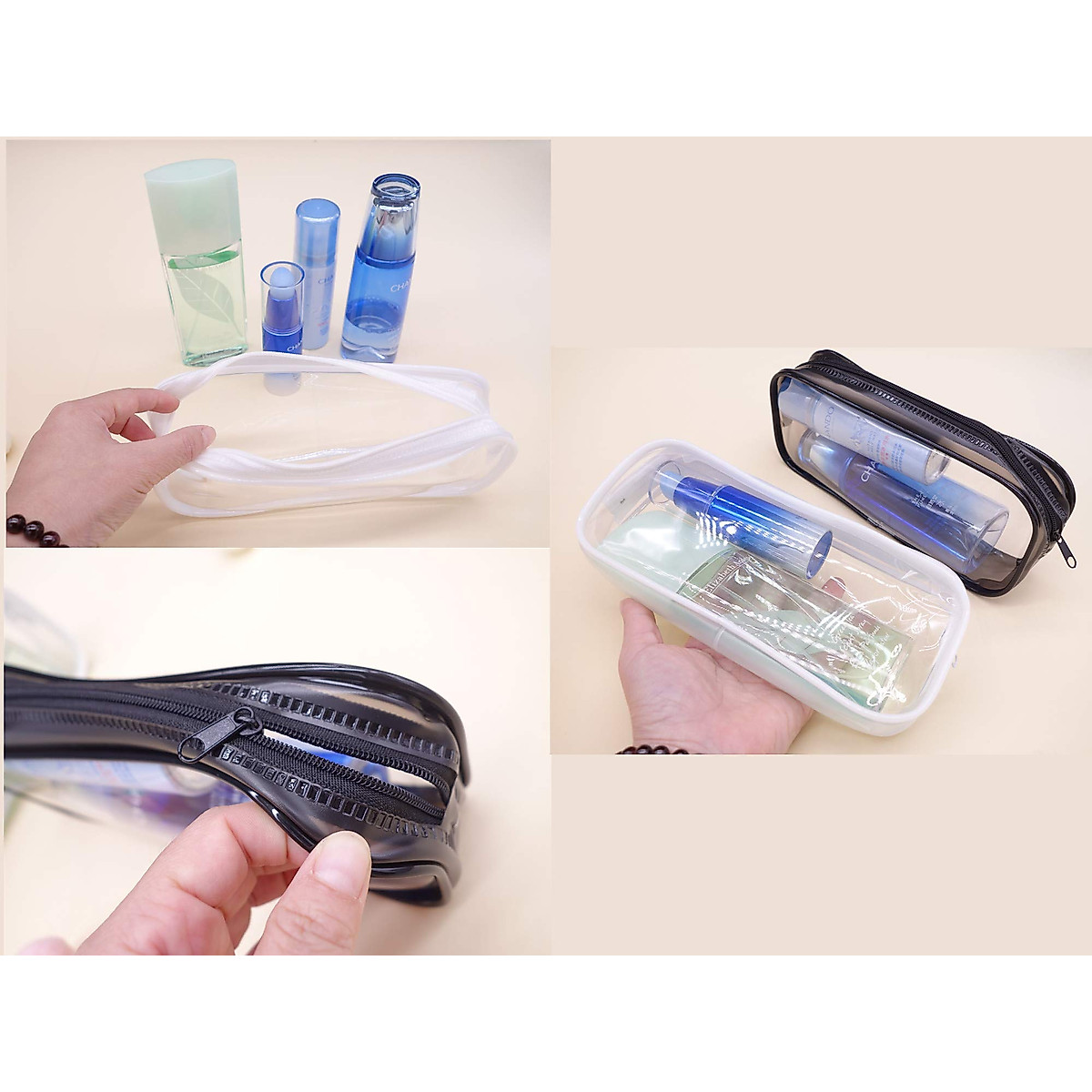 Pack of 4 Clear PVC Pencil Pouch with Zipper, Portable Transparent Big Capacity Pencil Case Makeup Bag for Stationery and Travel Toiletries Organizing(Black and White)