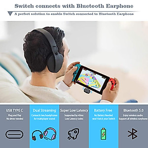 Friencity Bluetooth Audio Transmitter for Nintendo Switch PS4, Low Latency USB Type C Wireless Adapter, Support in-Game Voice& Two Headphones, Compatible with Airpod, Bose, Sony Headphone, Plug n Play