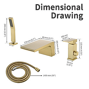 Waterfall Roman Tub Faucet with Hand Shower Deck Mount Bathtub Faucet with Hand Shower Widespread Bathtub Faucets Set Bathtub Shower Faucet Set Brushed Gold - 1725BG