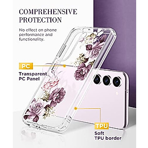 GVIEWIN Compatible with Samsung Galaxy S23 Plus Case with Screen Protector+Camera Lens Protector, Slim Shockproof Clear Floral Pattern Phone Protective Cover for Women 6.6" (Cherry Blossoms/Purple)