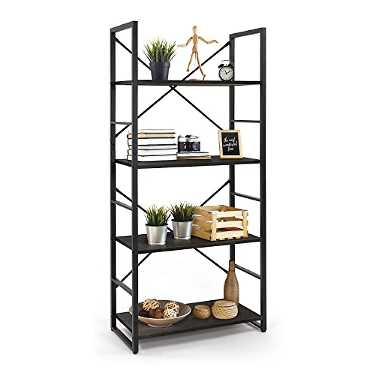 Fencer Wire 4 Tier Free Standing Shelf, 24 Inch Width Bookshelf, Bookcase Shelf Storage Organizer, Industrial Book Shelves for Home Office, Living Room, Kitchen, Black Wooden Shelves & Metal Frame