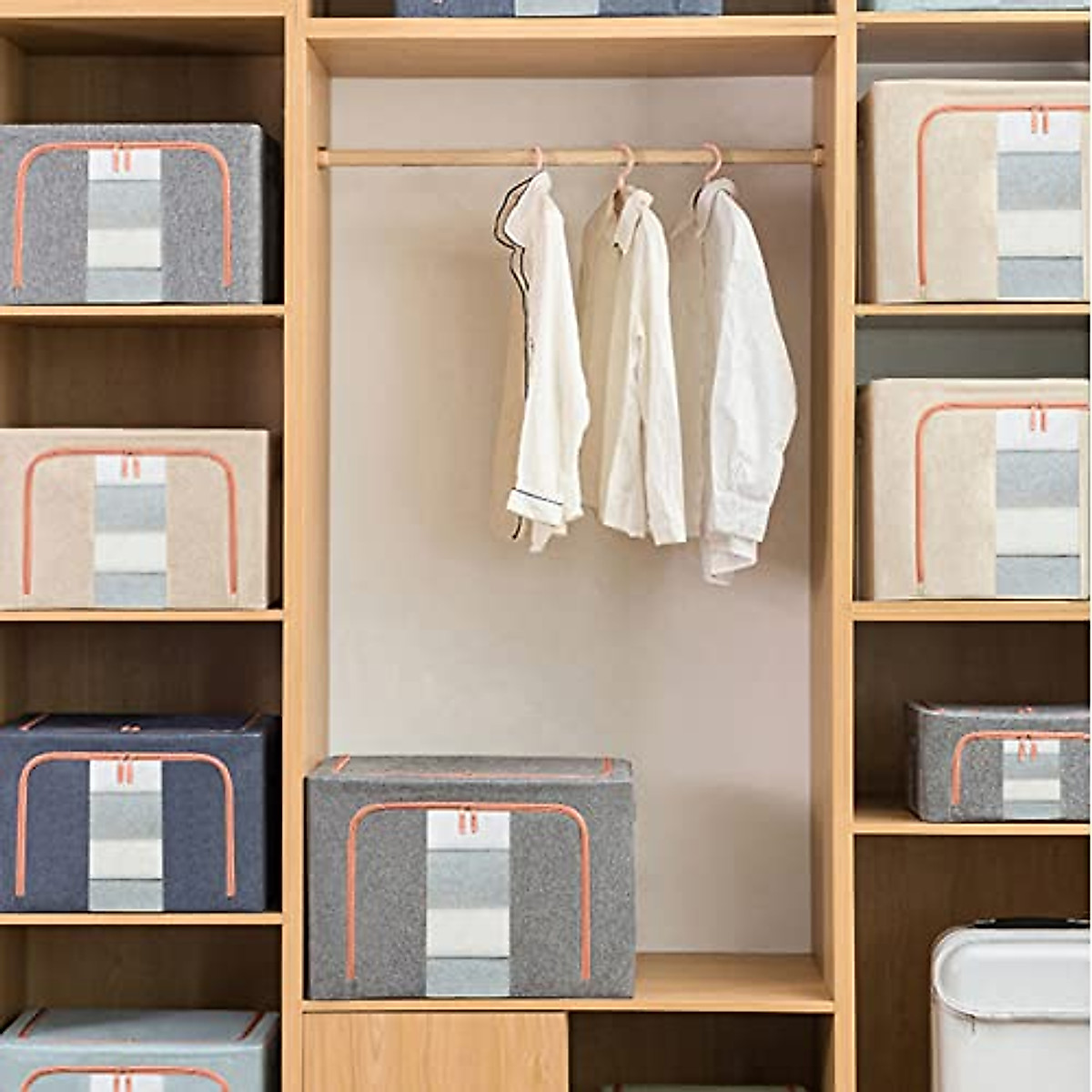 selfrieden Clothes Storage Bins, 66L [4 Pack ] Foldable Oxford Cloth Steel Frame Organizers Bag with Large Clear Window & Reinforced Handles Carry Handles for Clothing, Comforter, Blanket Storage Bedding (66L, Beige)