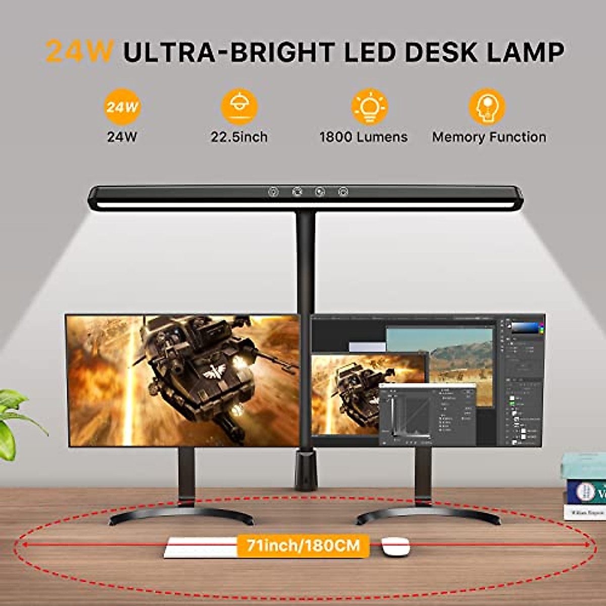Levotar Led Desk Lamp, 24W Eye-Caring Architect Desk Lamps for Home Office, 1800LM Large Auto Dimming Overhead Desk Light with USB Charging Port, 45 Minutes Timer, 5 Color Modes